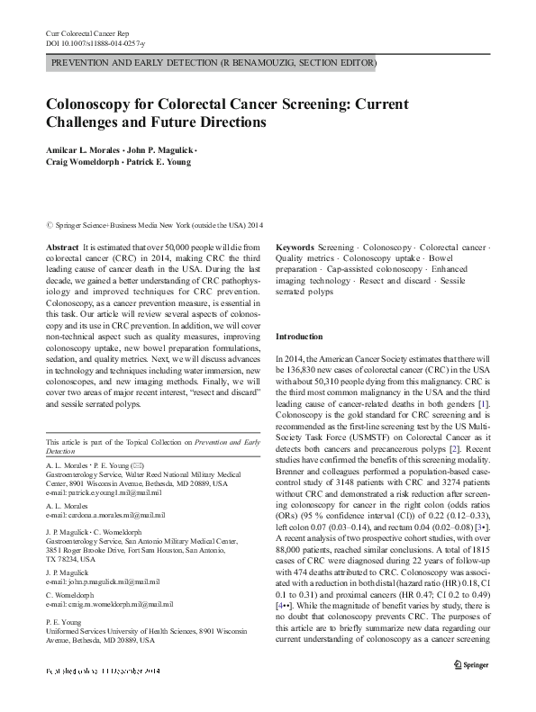 (PDF) Colonoscopy for Colorectal Cancer Screening: Current Challenges and Future Directions