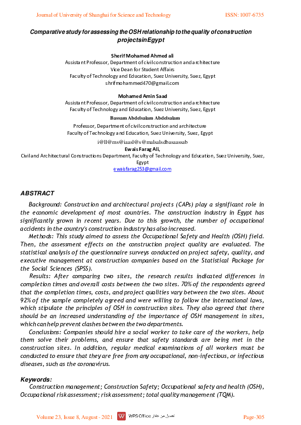 (PDF) Comparative study for assessing the OSH relationship to the quality of construction ...