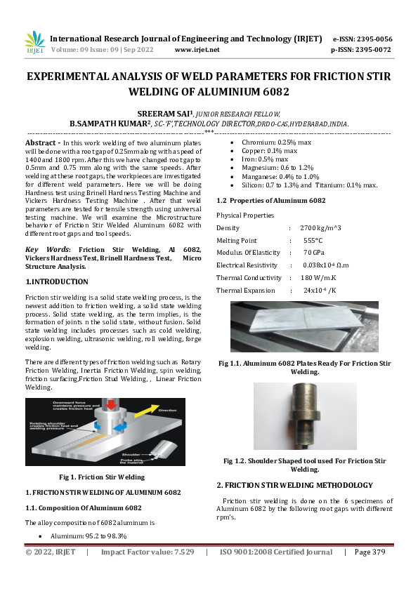 (PDF) EXPERIMENTAL ANALYSIS OF WELD PARAMETERS FOR FRICTION STIR WELDING OF ALUMINIUM 6082