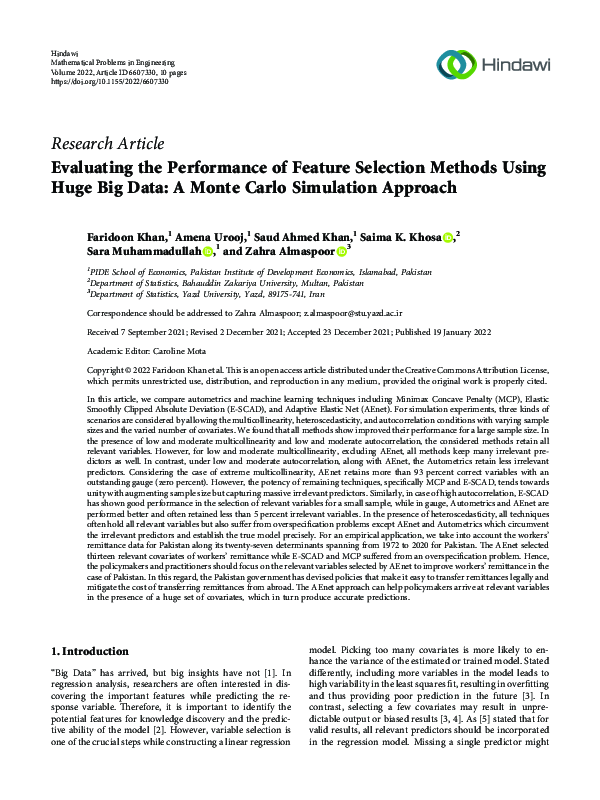 (PDF) Evaluating the Performance of Feature Selection Methods Using Huge Big Data: A Monte Carlo ...