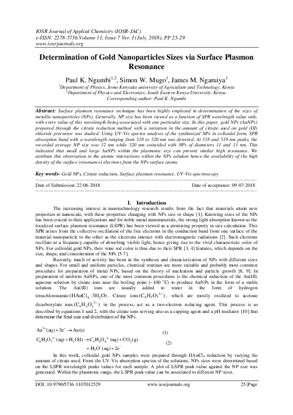 (PDF) Determination of Gold Nanoparticles Sizes via Surface Plasmon ...