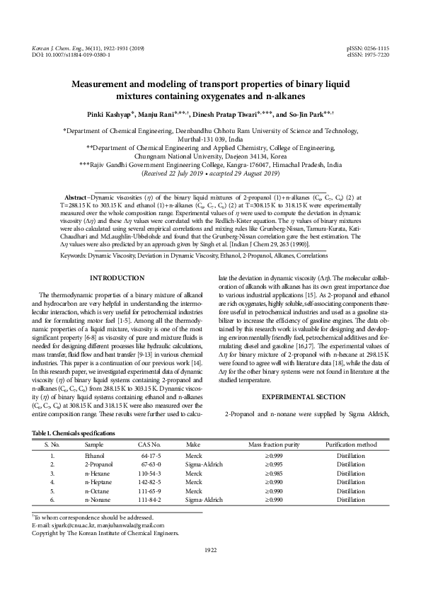 (PDF) Measurement and modeling of transport properties of binary liquid mixtures containing ...