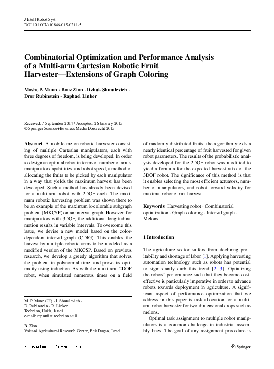 Pdf Combinatorial Optimization And Performance Analysis Of A Multi Arm Cartesian Robotic Fruit