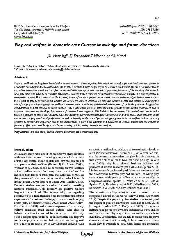 (PDF) Play and Welfare in Domestic Cats: Current Knowledge and Future ...