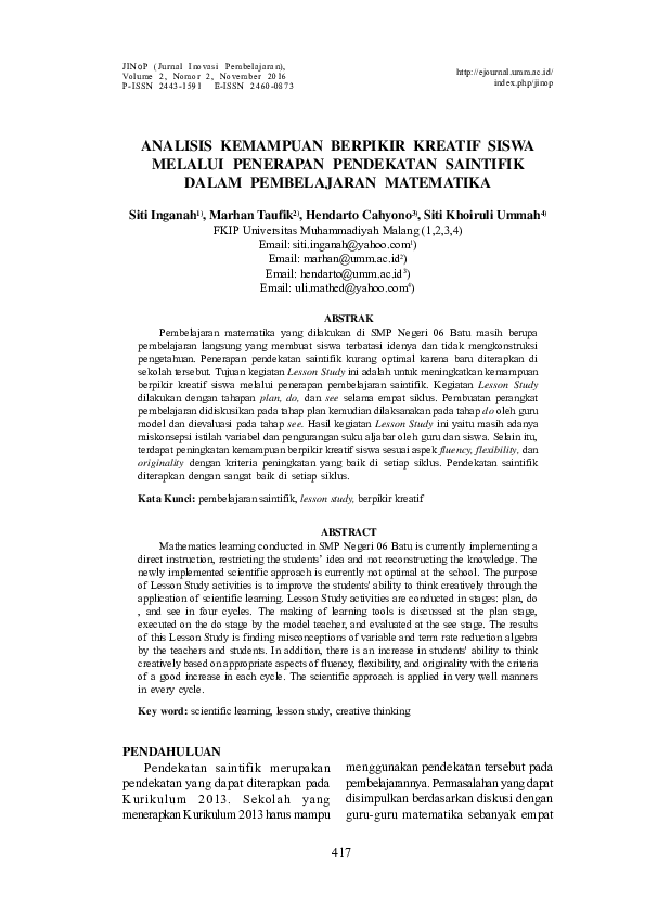 (PDF) Analisis Kemampuan Berpikir Kreatif Siswa Melalui Penerapan Pendekatan Saintifik dalam ...