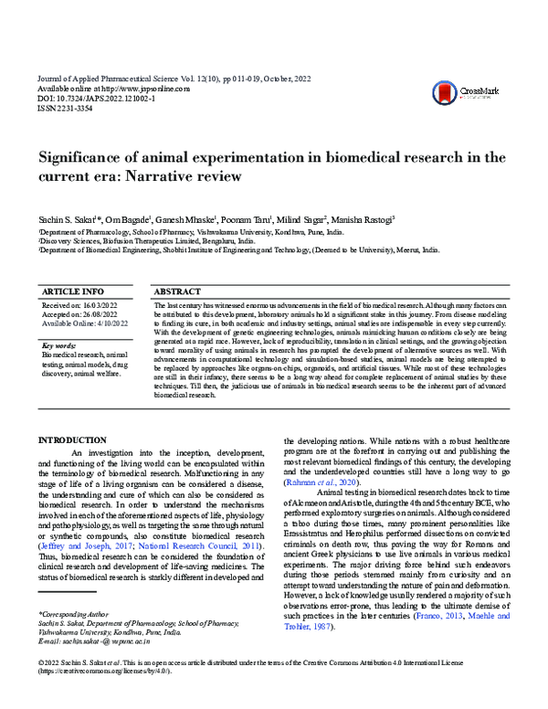 (PDF) Significance of animal experimentation in biomedical research in ...