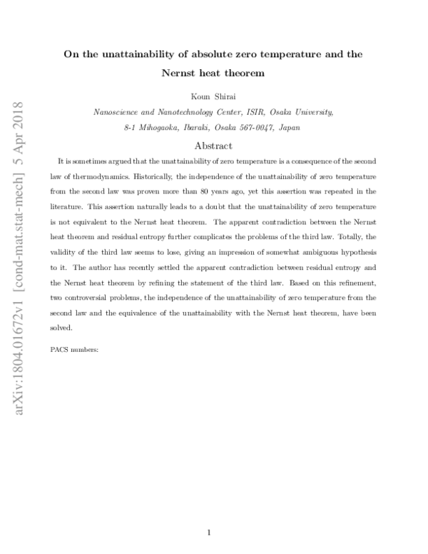 (PDF) On the unattainability of absolute zero temperature and the ...