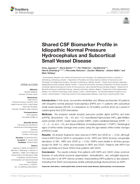 (PDF) Shared CSF Biomarker Profile in Idiopathic Normal Pressure ...