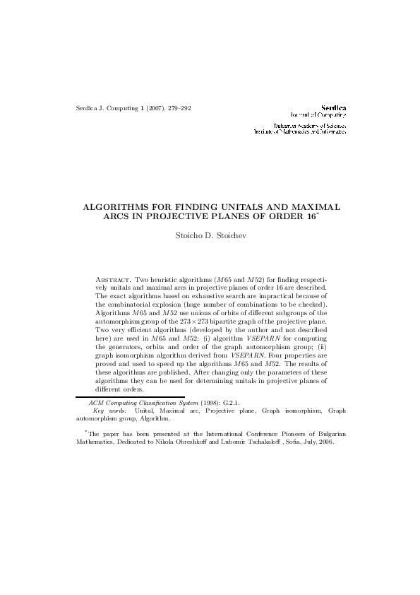 (PDF) Algorithms for Finding Unitals and Maximal Arcs in Projective Planes of Order 16