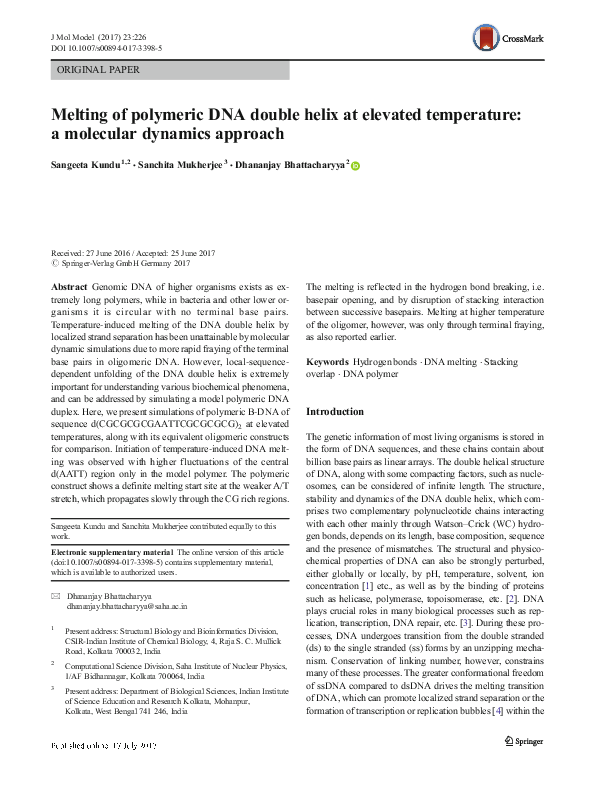 Pdf Melting Of Polymeric Dna Double Helix At Elevated Temperature A Molecular Dynamics Approach