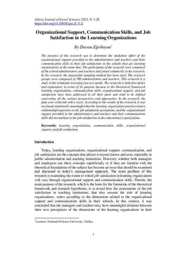 (PDF) Organizational Support, Communication Skills, and Job ...