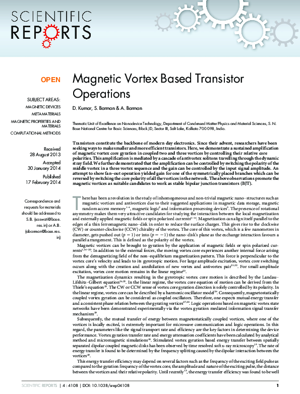 (PDF) Magnetic Vortex Based Transistor Operations