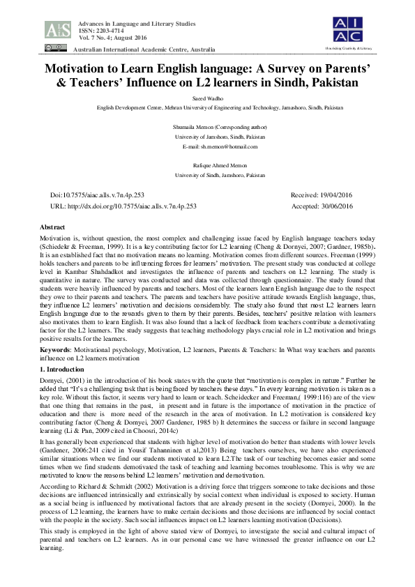 (PDF) Motivation to Learn English language: A Survey on Parents ... (PDF) Motivation to Learn English language: A Survey on Parents ...