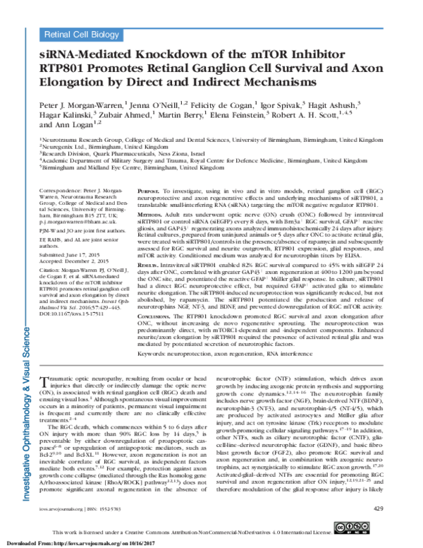 (PDF) siRNA-Mediated Knockdown of the mTOR Inhibitor RTP801 Promotes ... (PDF) siRNA-Mediated Knockdown of the mTOR Inhibitor RTP801 Promotes ...