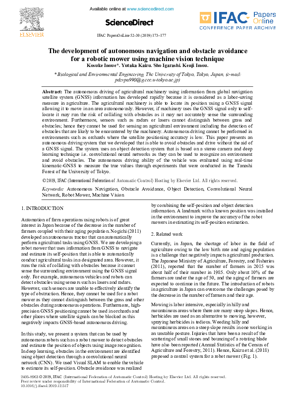 The Development Of Autonomous Navigation And Obstacle Avoidance For A Robotic Mower Using