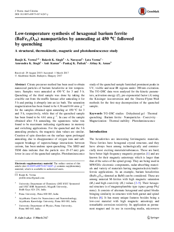 (PDF) Low-temperature synthesis of hexagonal barium ferrite (BaFe12O19 ...