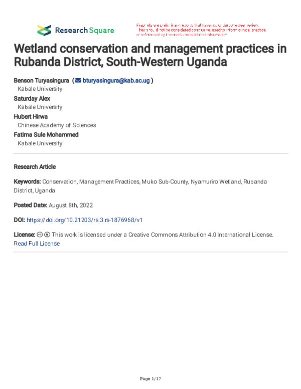 (PDF) Wetland conservation and management practices in Rubanda District ...