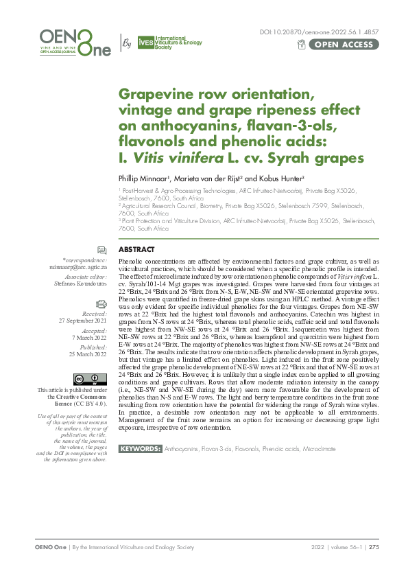 (PDF) Grapevine row orientation, vintage and grape ripeness effect on anthocyanins, flavan-3-ols ...
