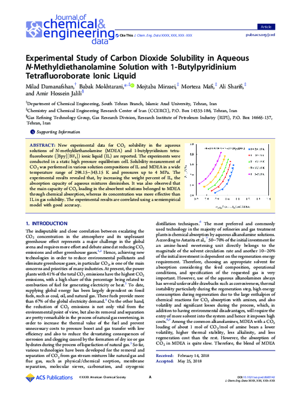 (PDF) Experimental Study of Carbon Dioxide Solubility in Aqueous N-Methyldiethanolamine Solution ...