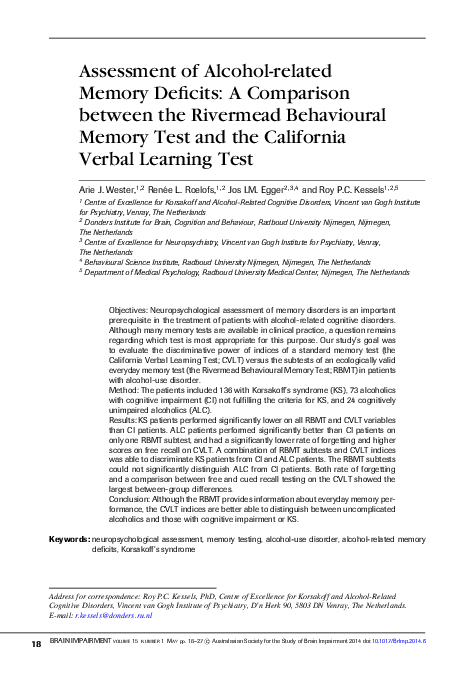 (PDF) Assessment of Alcohol-related Memory Deficits: A Comparison ...