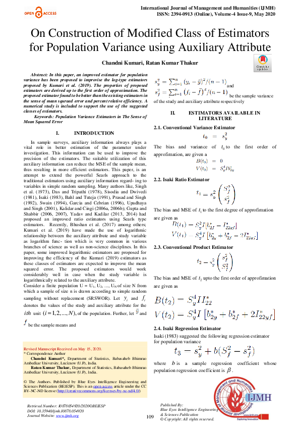 (PDF) On Construction of Modified Class of Estimators for Population ...