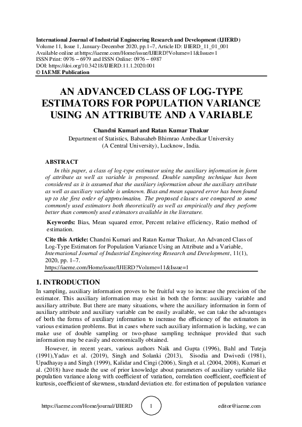 Pdf An Advanced Class Of Log Type Estimators For Population Variance Using An Attribute And A