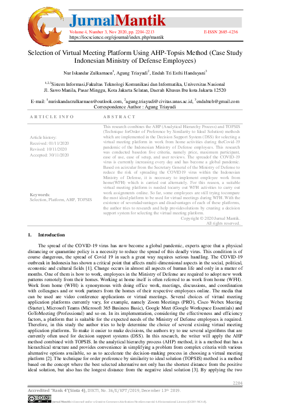 (PDF) Selection of Virtual Meeting Platform Using AHP-Topsis Method (Case Study Indonesian ...