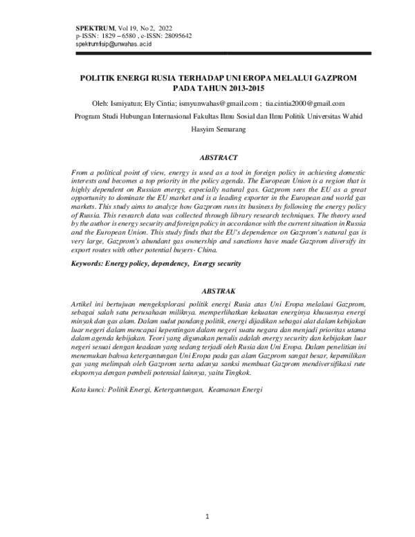 (PDF) Politik Energi Rusia Terhadap Uni Eropa