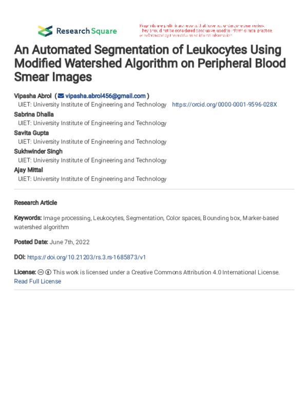 Pdf An Automated Segmentation Of Leukocytes Using Modified Watershed Algorithm On Peripheral