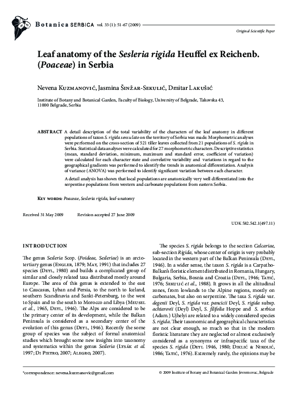 (PDF) Leaf anatomy of the Sesleria rigida Heuffel ex Reichenb.(Poaceae ...