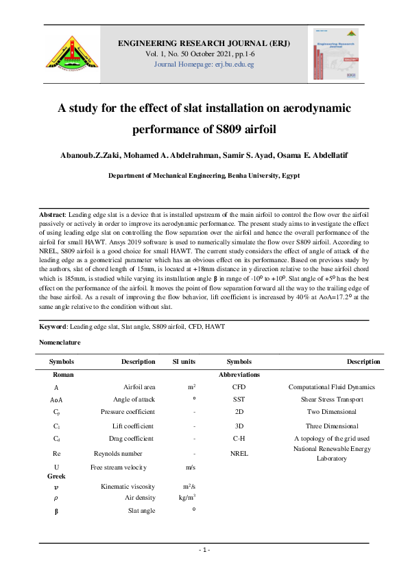 (PDF) A study for the effect of slat installation on aerodynamic performance of S809 airfoil