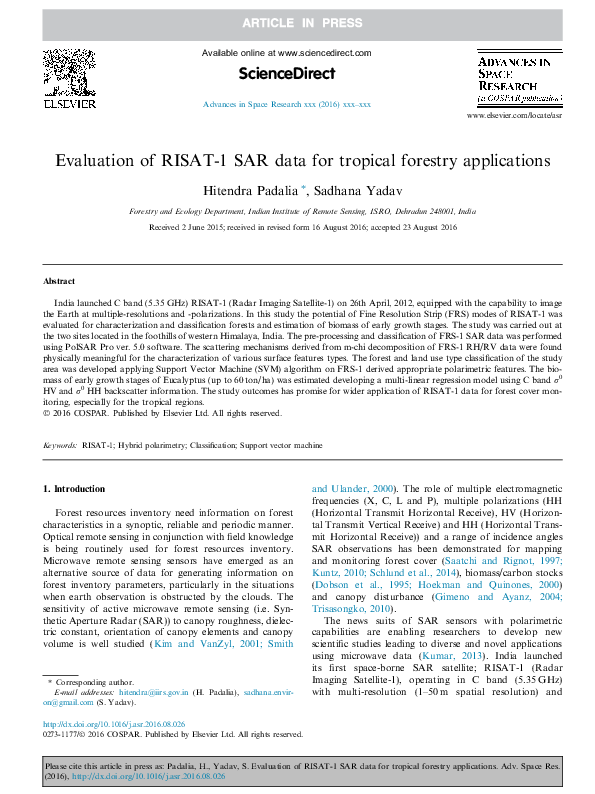 (PDF) Evaluation of RISAT-1 SAR data for tropical forestry applications