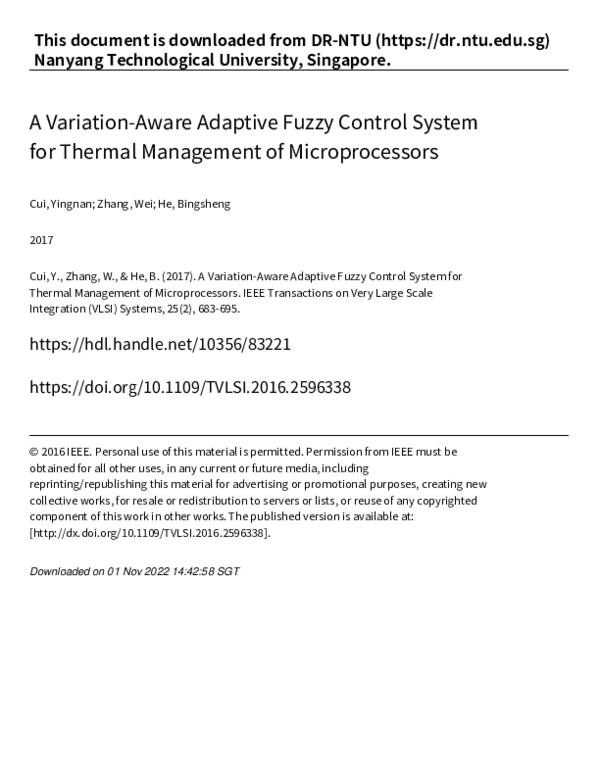 Pdf A Variation Aware Adaptive Fuzzy Control System For Thermal Management Of Microprocessors