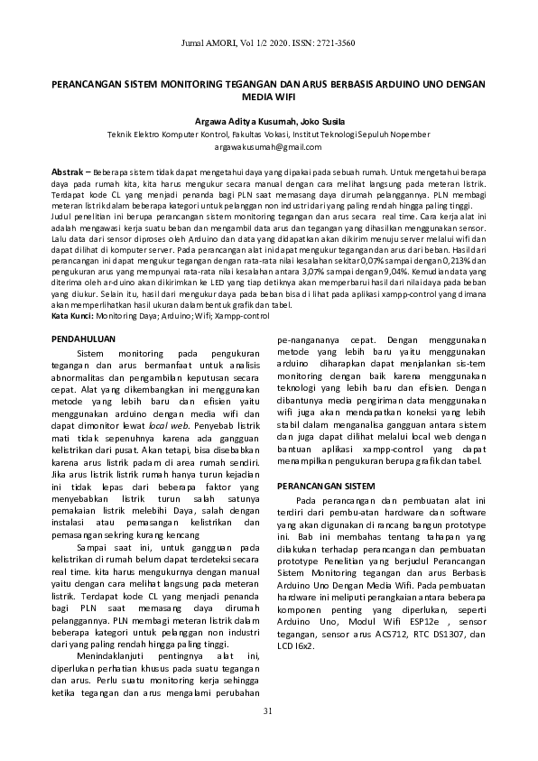 Pdf Perancangan Sistem Monitoring Tegangan Dan Arus Berbasis Arduino Uno Dengan Media Wifi
