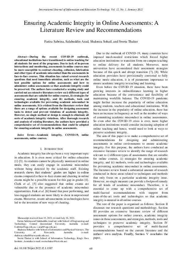 (PDF) Ensuring Academic Integrity in Online Assessments: A Literature ...