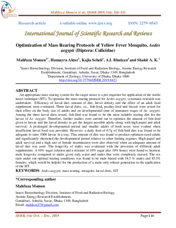 (PDF) Optimization of Mass Rearing Protocols of Yellow Fever Mosquito ...