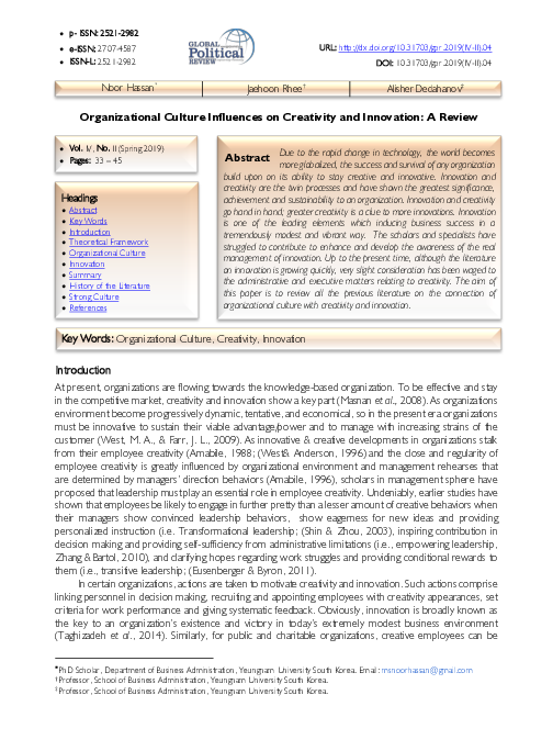 (PDF) Organizational Culture Influences on Creativity and Innovation: A Review
