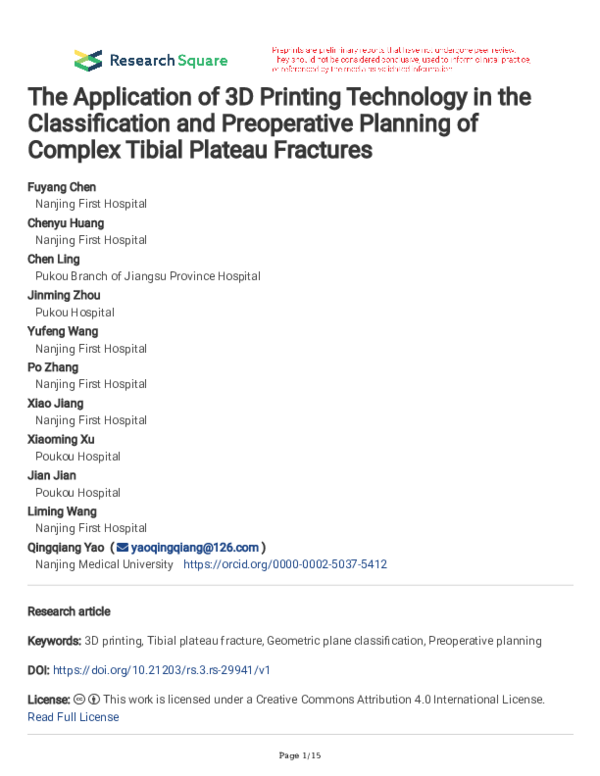 (PDF) The Application of 3D Printing Technology in the Classification and Preoperative Planning ...