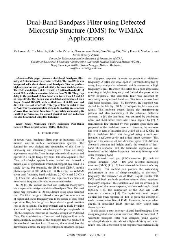 Pdf Dual Band Bandpass Filter Using Defected Microstrip Structure Dms For Wimax Applications