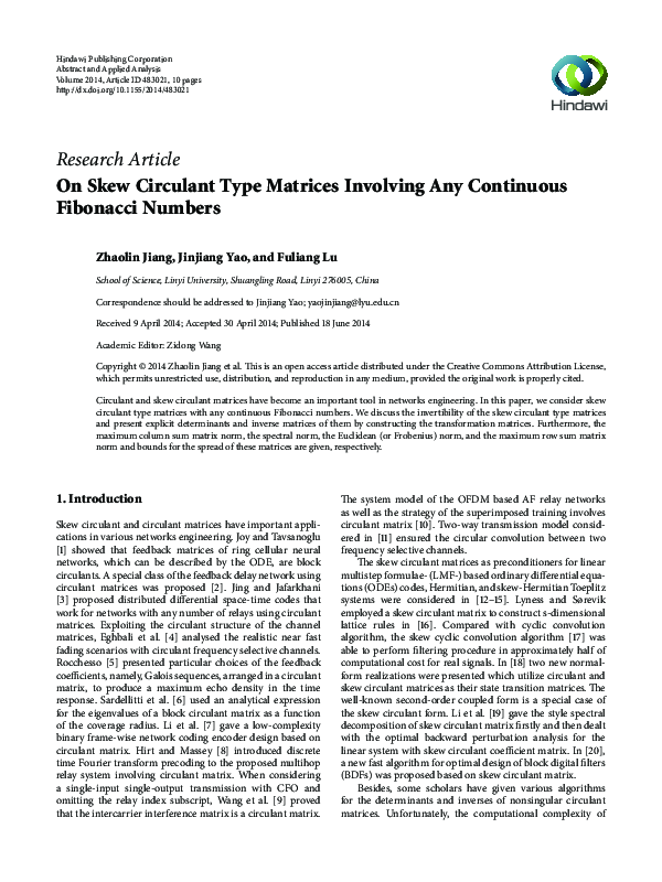 (PDF) Determinant and Inverse of Skew Circulant Matrix with the ... (PDF) Determinant and Inverse of Skew Circulant Matrix with the ...