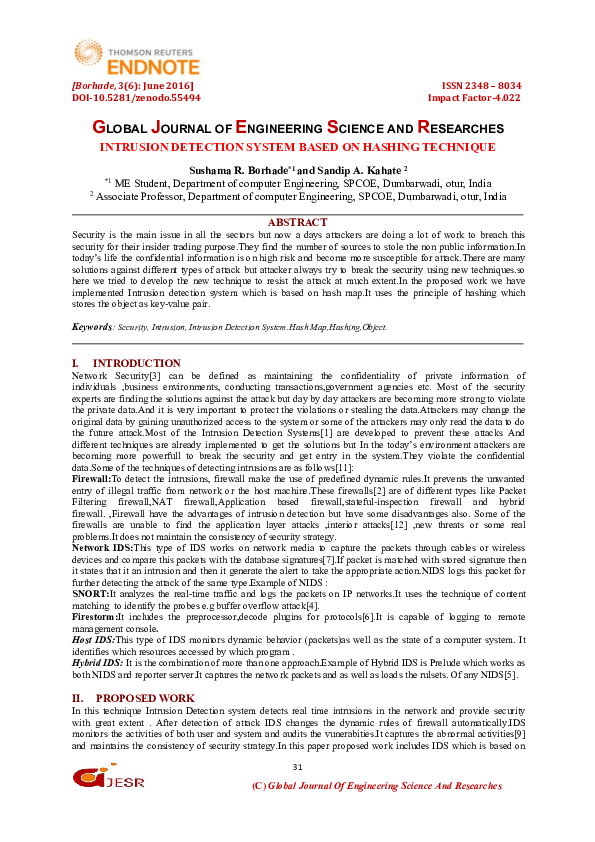Pdf Global Journal Of Engineering Science And Researches Intrusion Detection System Based On