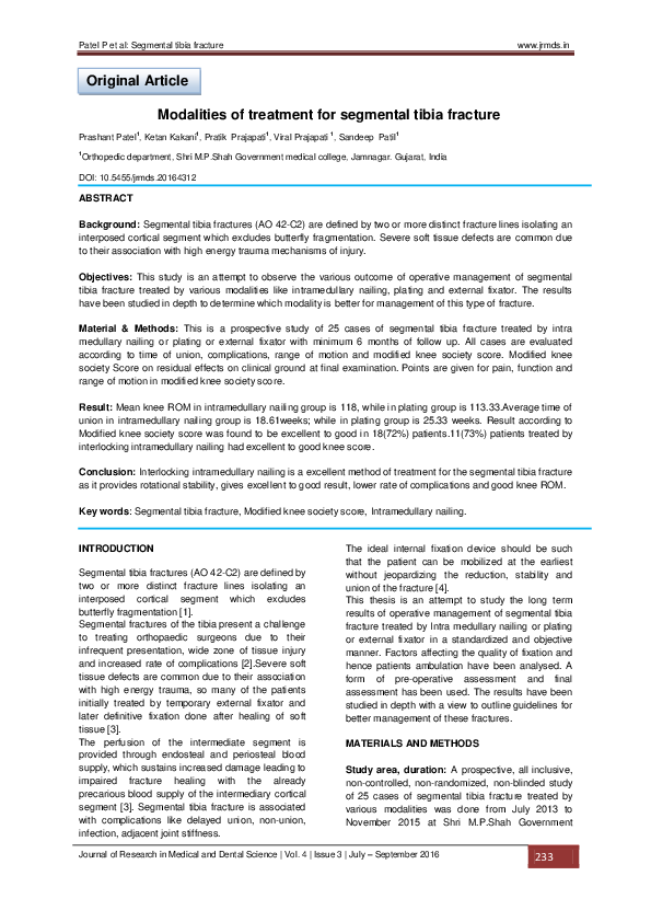 (PDF) Modalities of treatment for segmental tibia fracture