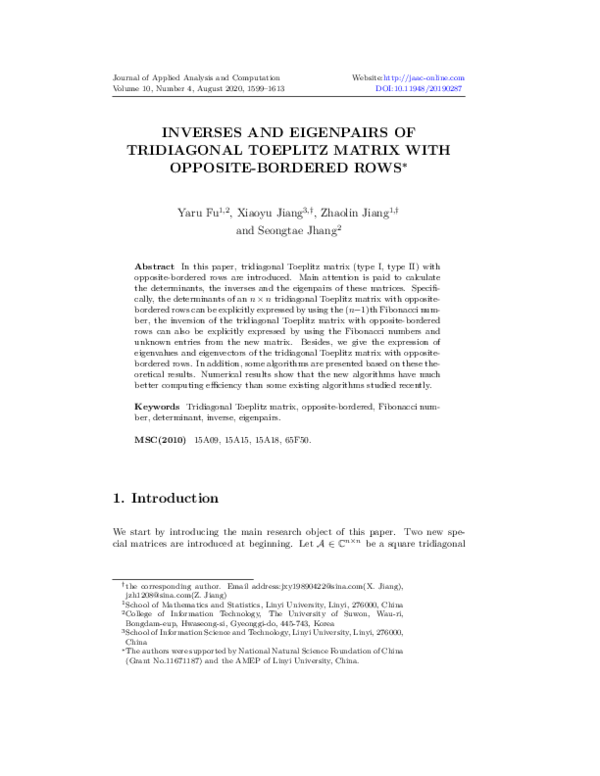 (PDF) Inverses and Eigenpairs of Tridiagonal Toeplitz Matrix with ...