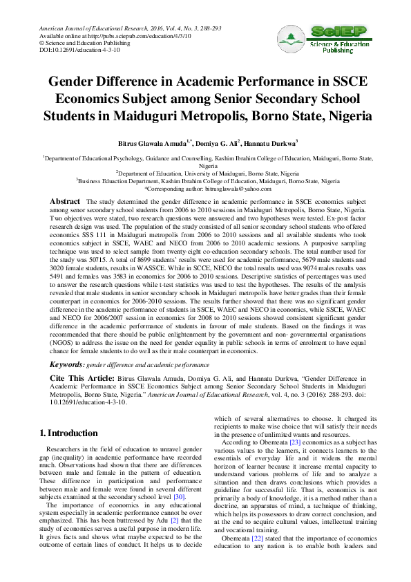 (PDF) Gender Difference in Academic Performance in SSCE Economics ...