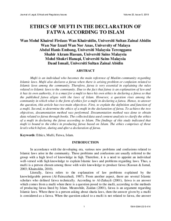 (PDF) Ethics of Mufti in the Declaration of Fatwa According to Islam