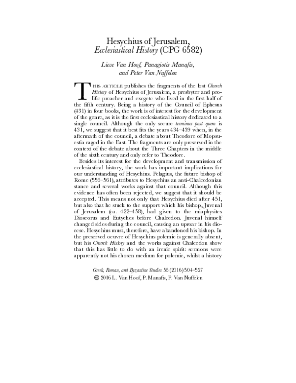 (PDF) Hesychius of Jerusalem, Ecclesiastical History (CPG 6582)