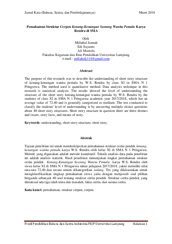 (PDF) Pemahaman Struktur Cerpen Kenang-Kenangan Seorang Wanita Pemalu ...