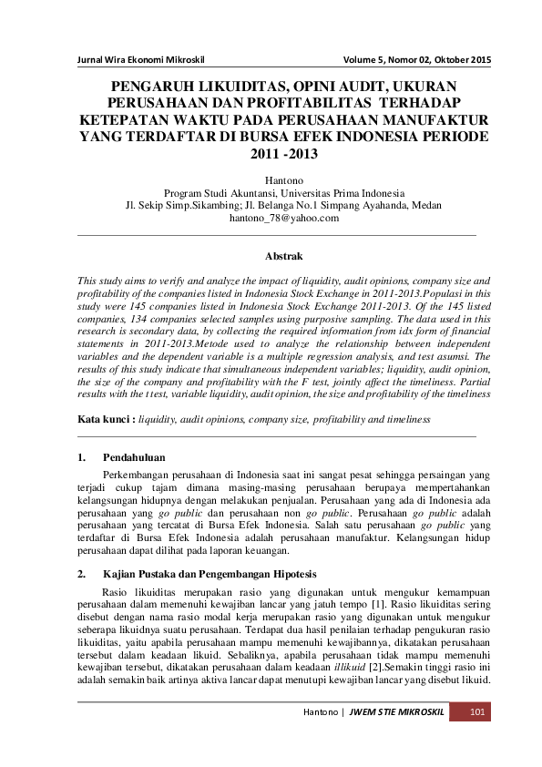 (PDF) Pengaruh Likuiditas, Opini Audit, Ukuran Perusahaan dan Profitabilitas tePengaruh ...