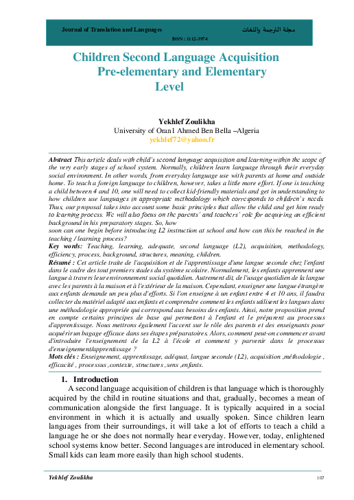 (PDF) Children Second Language Acquisition Pre-elementary and ...