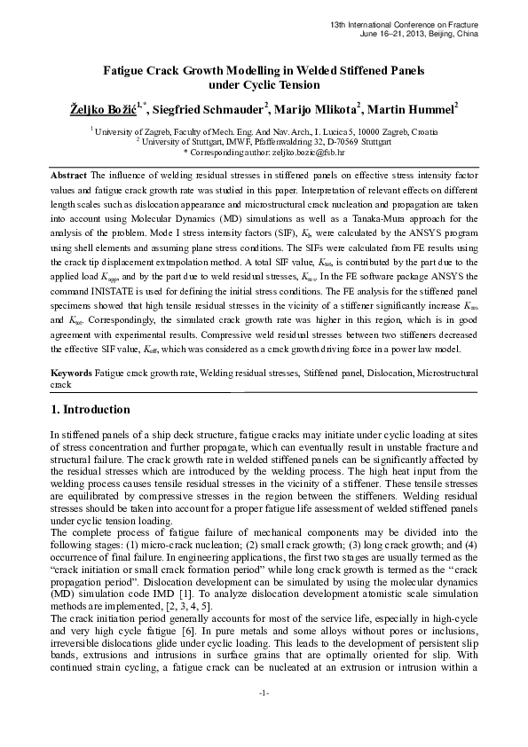 (PDF) Fatigue Crack Growth Modelling in Welded Stiffened Panels under Cyclic Tension